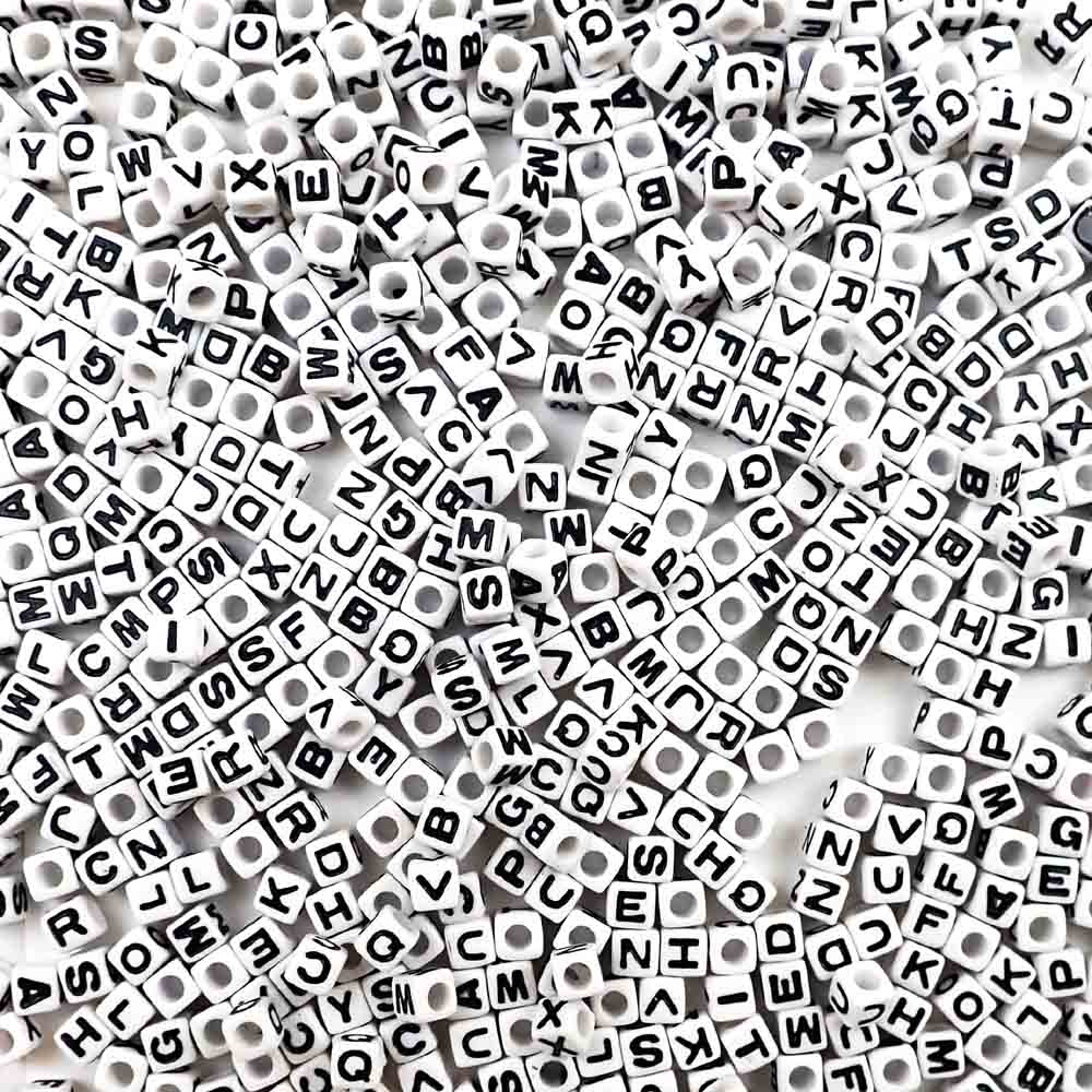 Plastic White Cube Alphabet Beads, 7mm, Mixed Letters - Pony Bead Store